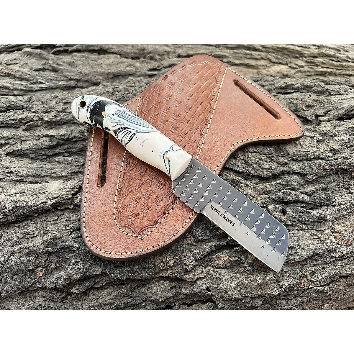 SUSA KNIVES Custom Handmade Rasp Bull Cutter knives horse file steel bull cutter knife, cowboy skinner knife with pancake leather sheath (WHITE)