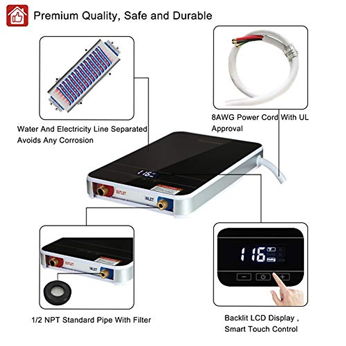 Tankless Water Heater Electric ECOTOUCH 9KW 240V on Demand Water Heater Self-Modulating Instant Hot Water Heater Point Of Use Water Heater ECO90 Black