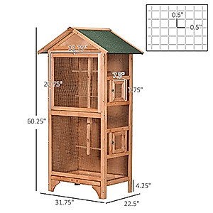 PawHut 60" Wooden Outdoor Bird Cage for Finches, Parakeet, Large Bird Cage with Removable Bottom Tray 4 Perch, Orange