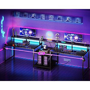Coleshome 98 Inch 2 Person Gaming Desk with Storage Shelves- Long Double Home Office Computer Desks with USB Charging Port & LED Lights, Writing Desk with Monitor Stand, Modern Study/Work Table, Black