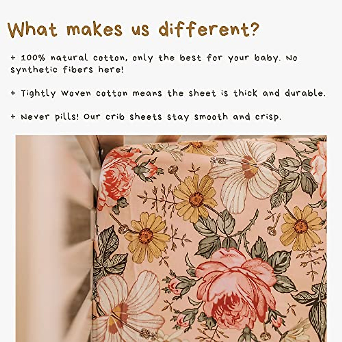 Fitted Crib Sheet - Garden Floral Pattern Design, Woven 100% Cotton (Rose Pink, Regular (28x52x9) in)