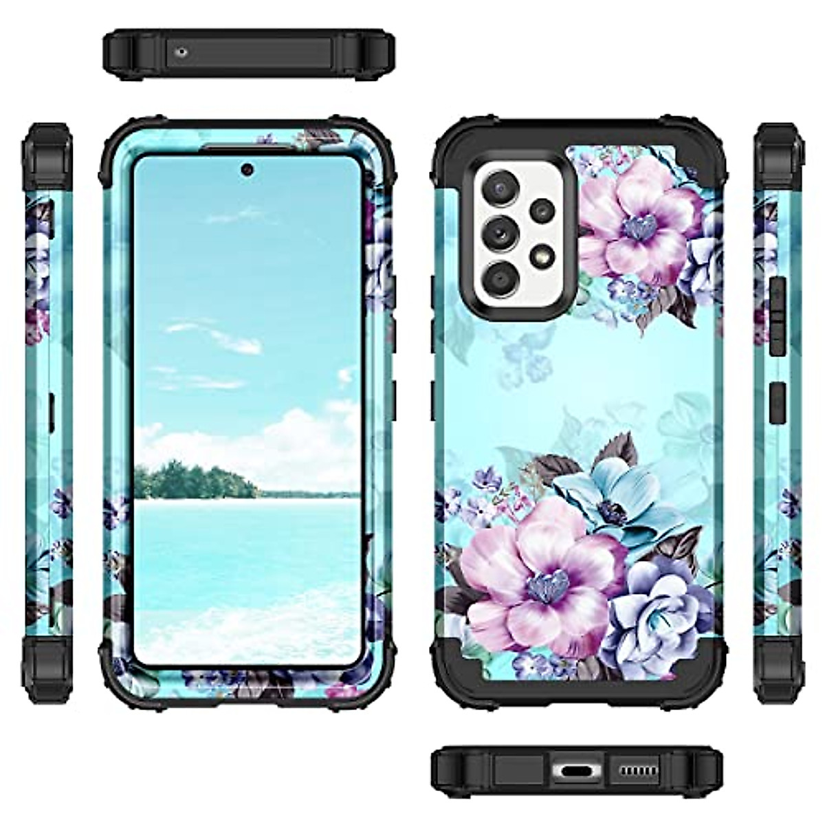 Casetego Compatible with Galaxy A53 5G Case,Floral Three Layer Heavy Duty Sturdy Shockproof Full Body Protective Cover Case for Samsung Galaxy A53 5G,Blue Flower