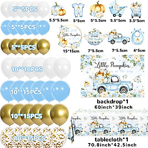 Little Pumpkin Baby Shower Decorations for Boy, A Sweet Little Pumpkin Is on the Way Blue Backdrop Balloon Garland Kit for Fall Autumn Thanksgiving Baby Shower Background Party Supplies