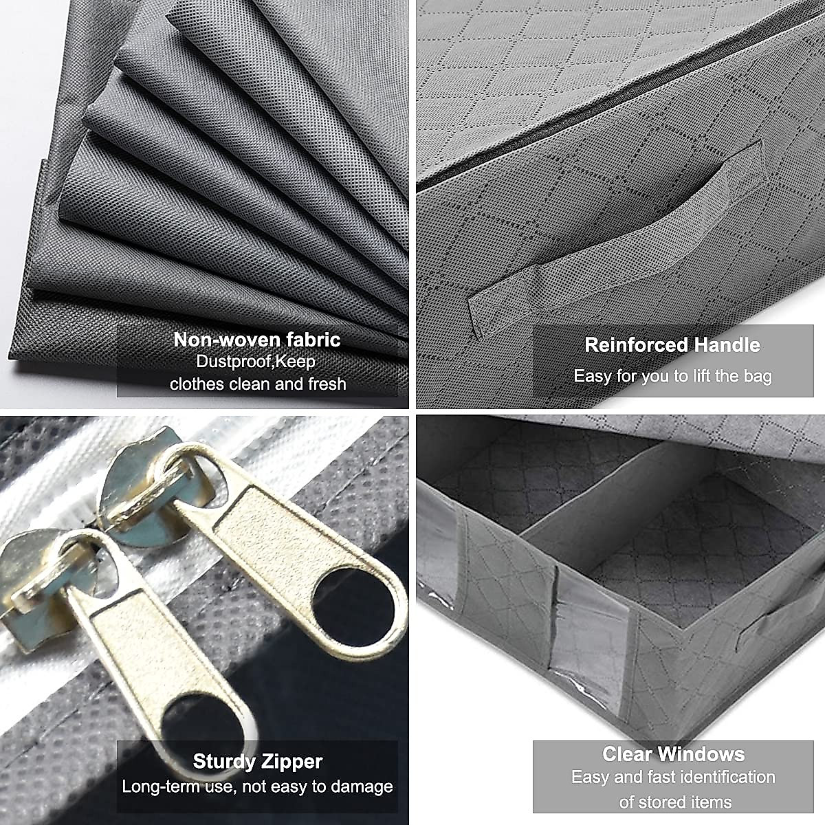 CHAFIN Under Bed Clothes Organizer,Dividers Storage Bag with Durable Fabric, Reinforced Handle, 5 Clear Window,Clear windows for Clothing, Shoes, Blankets, Sweaters, Toys,Grey, 2 Pack