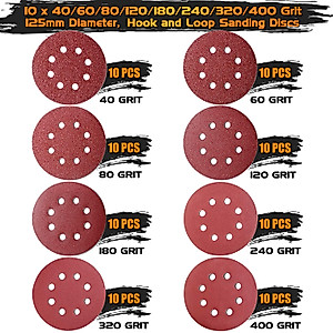 80pcs 5 inch Sanding Discs Hook and Loop, 8 Hole Orbital Sander Sandpaper, 10 x 40/60/80/120/180/240/320/400 Grit Orbital Sander Pads, Round Sandpaper Discs by Taspire