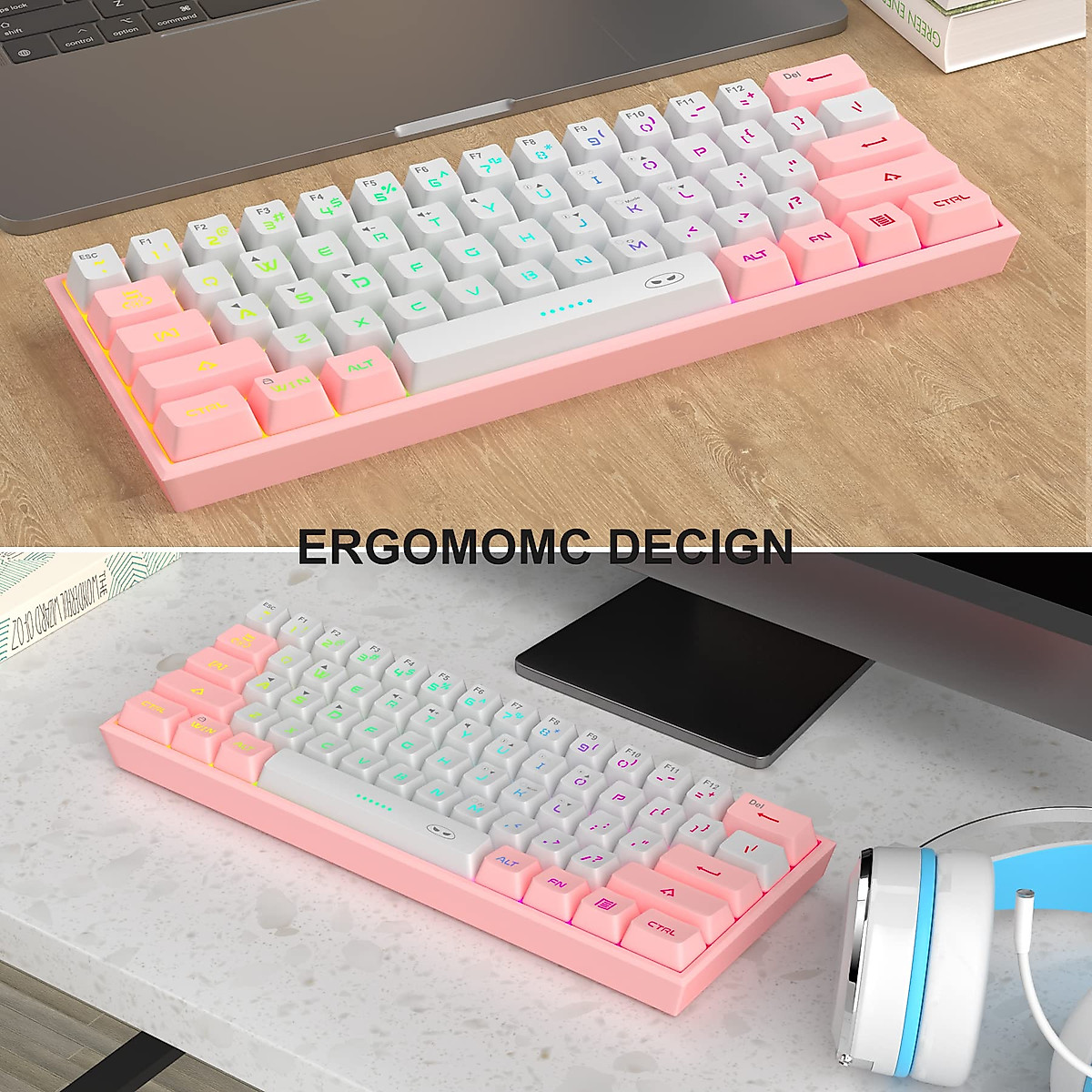 MageGee 60% Wired Gaming Keyboard, RGB Backlit Ultra-Compact Mini Keyboard, Waterproof Mini Compact 61 Keys Keyboard for PC/Mac Gamer, Typist, Travel, Easy to Carry on Business Trip(White Pink)