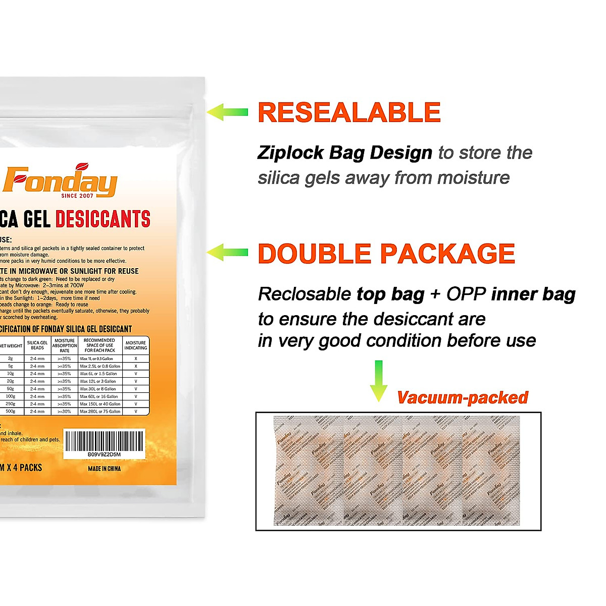 100Gram [4 Packets] Fonday Rechargeable Silica Gel Desiccant Packets Food Grade Fast Reactivate Desiccant Bags Moisture Indicating Orange to Green