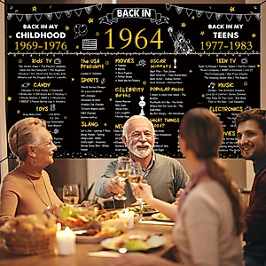 DARUNAXY 60th Birthday Black Gold Party Decoration, Back in 1964 Banner Cheers to 60 Years Old Birthday Party Poster Supplies, 6 * 3.6FT Vintage 1964 Backdrop Photography Background for Men and Women