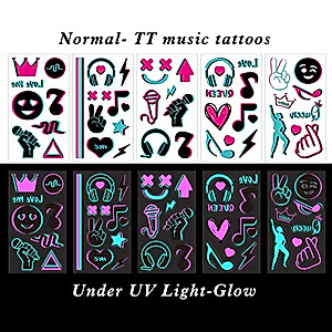Konsait 10 Sheets Glow In The Dark Tattoos for Kids Adults, Safe and Easy to Use Neon Temporary Music Tattoos, Music Notes UV Blacklight Tattoos, Glow In The Dark Party Makeup Supplies Party Favors