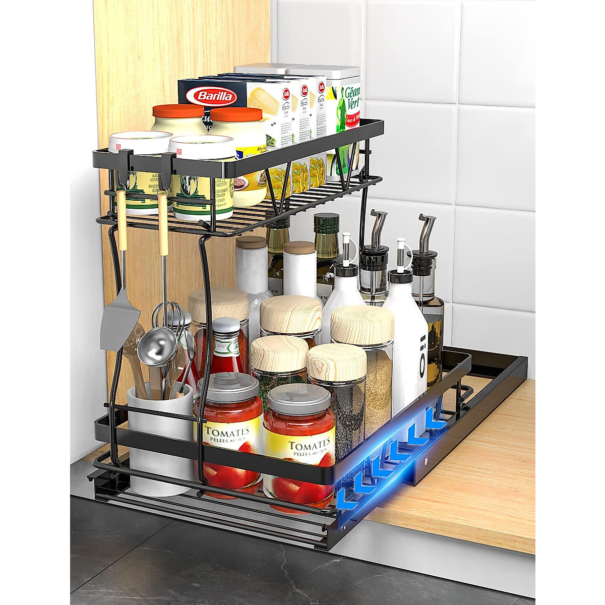 Iperlife 2 Tier Under Sink Organizers and Storage for Kitchen Pull Out Cabinet Basket Organizer with 4 Hooks, Multi-Purpose Metal Storage Shelf Rack for Bathroom Living Room Bedroom