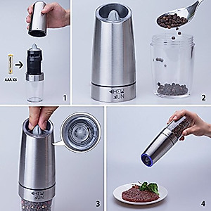 Gravity Salt and Pepper Mill with Adjustable Coarseness Automatic Pepper and Salt Grinder Battery Powered with Blue LED Light,One Hand Operated,Brushed Stainless Steel by CHEW FUN