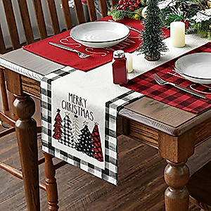 Artoid Mode Waterclor Buffalo Plaid Christmas Trees Merry Xmas Table Runner, Seasonal Winter Holiday Kitchen Dining Table Decoration for Indoor Outdoor Home Party Decor 13 x 72 Inch