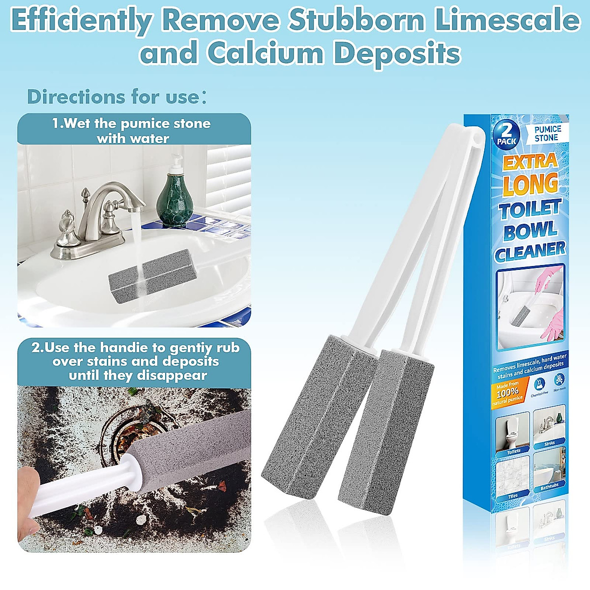 2 Pack Pumice Stone for Toilet Cleaning with Extra Long Handle, Premium Pumice Stone Toilet Brush, Hard Water Stain Remover Effectively Removes Stubborn Limescale.