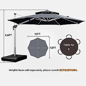 PURPLE LEAF 12 Feet Double Top Round Deluxe Patio Umbrella Offset Hanging Umbrella Outdoor Market Umbrella Garden Umbrella, Grey