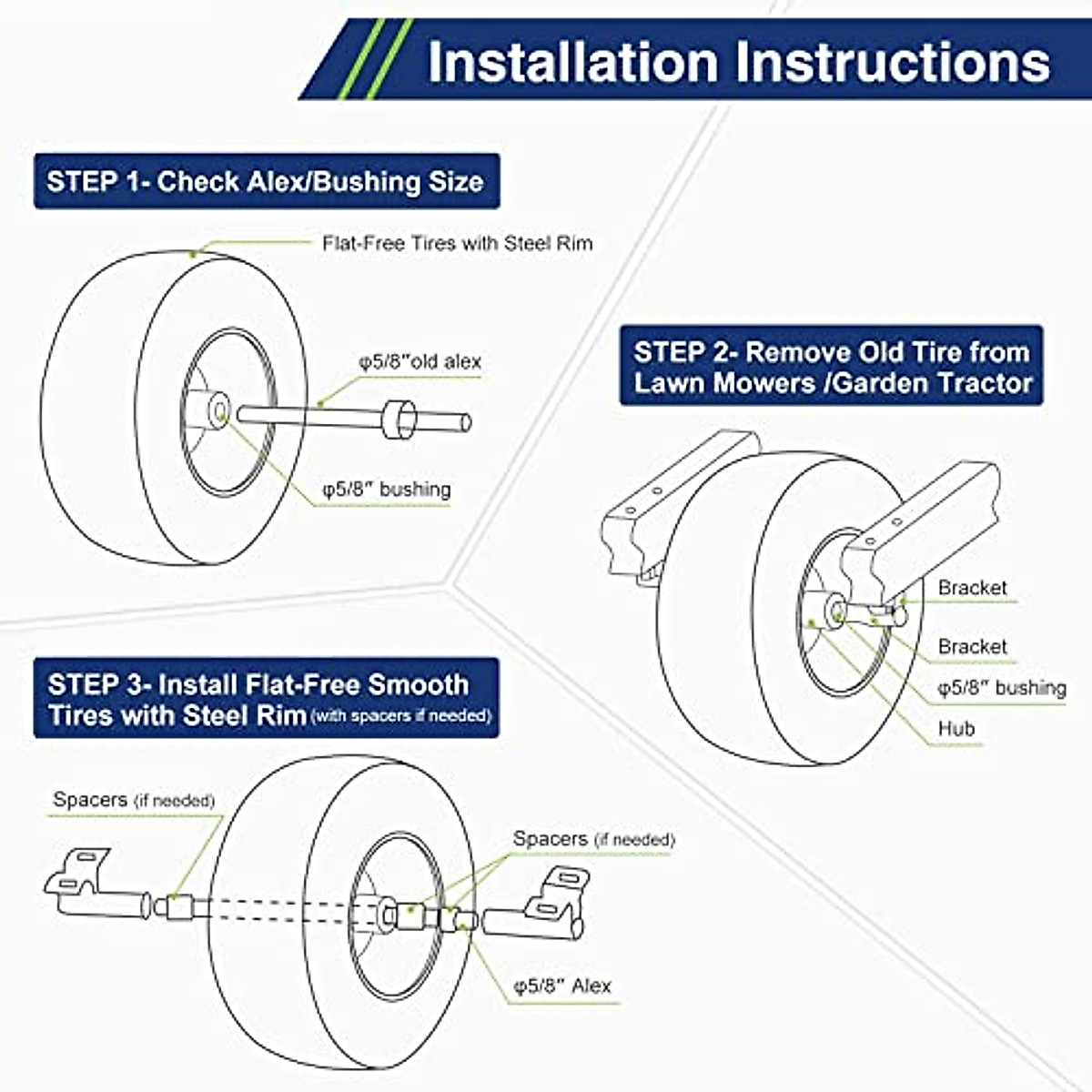 MaxAuto Set of 2 13x6.50-6 Flat Free Lawn Mower Smooth Tires on Wheel for Lawn Mower Garden Tractor(4.0"Centered Hub - Hub Length 4"-7.1" with 5/8" Sintered iron Bushing)