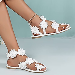 Womens Sandals Bohemia Peals Flower Gladiator Sandals Toe Ring Slip on Flats Sandals Casual Summer Beach Shoes