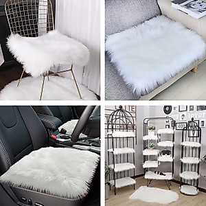OKAYDA Square Faux Sheepskin Chair Cover Seat Cushion Pad Super Fluffy Soft Fur Rug for Vanity Chair, Car Seat, Sofa, Living Room, Office (18"*18", White)