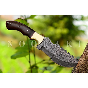 Nooraki - 11 inch | Custom Handmade Damascus Tracker Knife with Brown Micarta Handle Hunting knife, Camping knife, Bushcraft Knife, Survival Knife - Full Tang Fire Pattern With Sheath #332