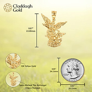 14K Yellow Gold 7/8" Christian Saint Michael The Archangel Defeating Satan Guardian Charm - Pendant Only
