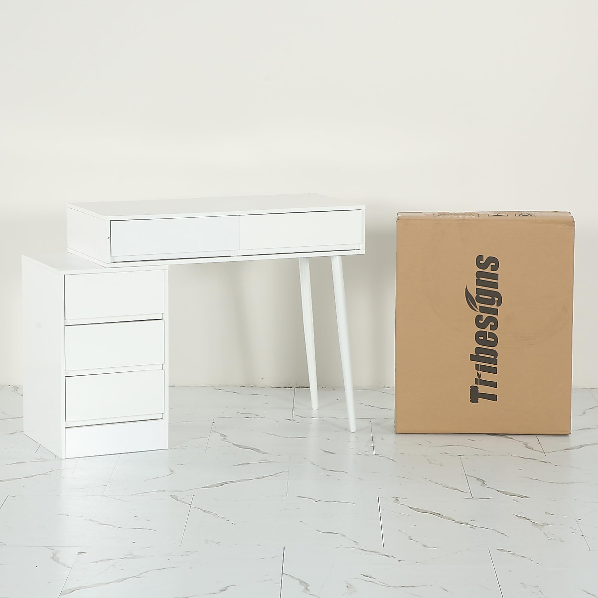 Tribesigns White Desk with 5 Drawers, High Gloss White Modern Home Office Desk with Storage Drawers and Printer Stand, Reversible Computer Desk Vanity Desk for Bedroom, Living Room