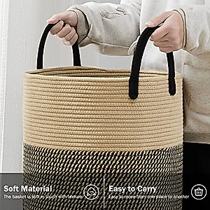 YOUDENOVA Woven Rope Laundry Hamper Basket, 58L Tall Laundry Basket for Blanket Organizer- Clothes Hamper for Bedroom Storage, Baby Kids Nursery Hamper-Large-Black & Brown
