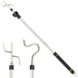 Greeily Clothes Hanger Reaching Hook, High Reach Garment Hook Telescopic Adjustable 37" to 63" for Hanging Clothes Plants Bird Feeders Christmas Light Pole Stainless Steel Material with 2 Long Hooks