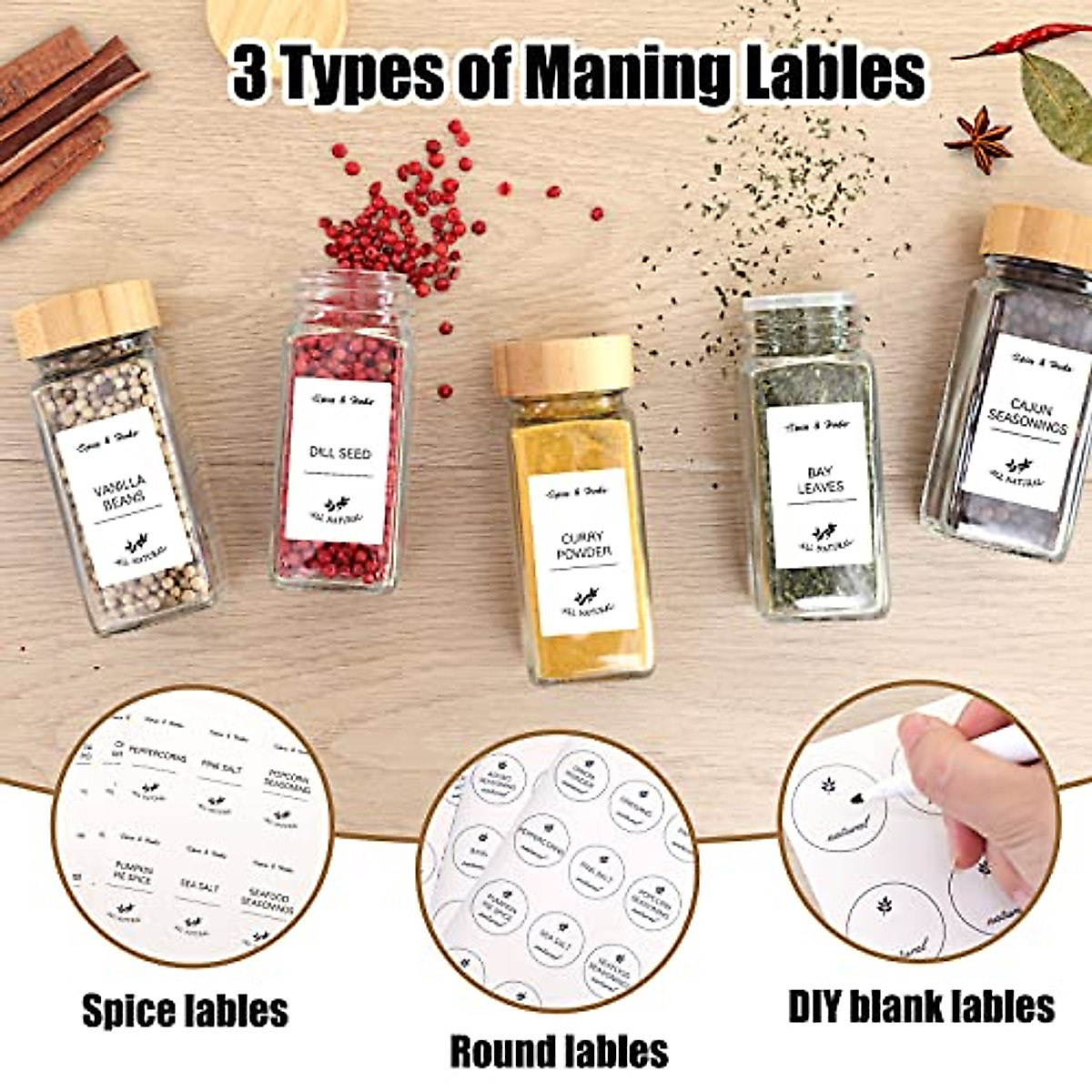 CUCUMI 12 Pcs Spice Jars with Labels and Bamboo Lids, 4oz Empty Square Spice Bottles with Shaker Lids, Collapsible Funnel, Chalk Pen, Seasoning Containers for Spice Rack, Drawer, Cabinet