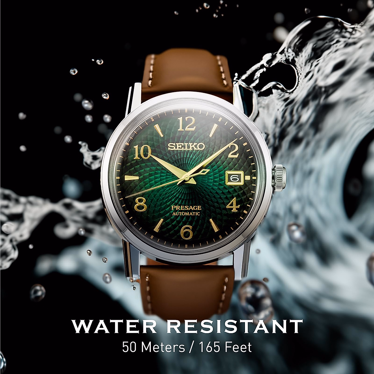 SEIKO SRPE45 Automatic Watch for Men - Presage Cocktail Time - Patterned Green Dial with Golden Numerals and Date Calendar, 50m Water-Resistant