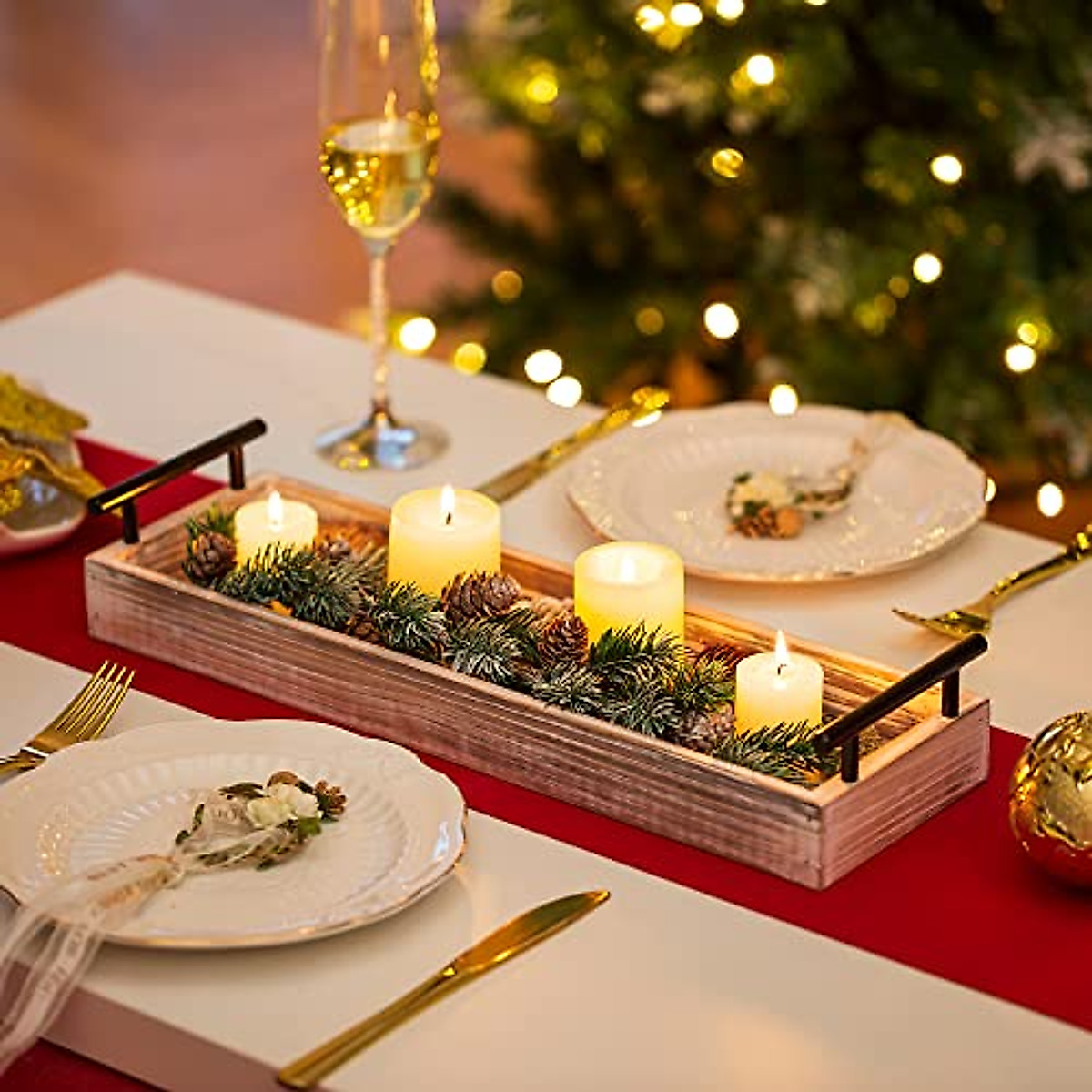 Hanobe Wood Serving Tray with Metal Handles - Rustic Whitewash Rectangula Decorative Trays Long Narrow Ottoman Trays for Decor Wooden Country Centerpiece for Wine Coffee Table Candle Holder