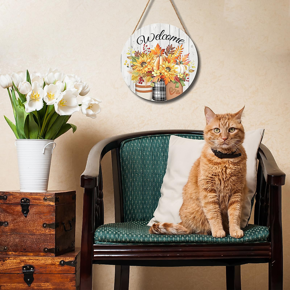 Fall Welcome Sign Door Sign 12"x12" Rustic Fall Decorations Hanging Door Sign Thanksgiving Farmhouse Welcome Round Wooden Sign for Home Front Door Wall Porch Yard Garden