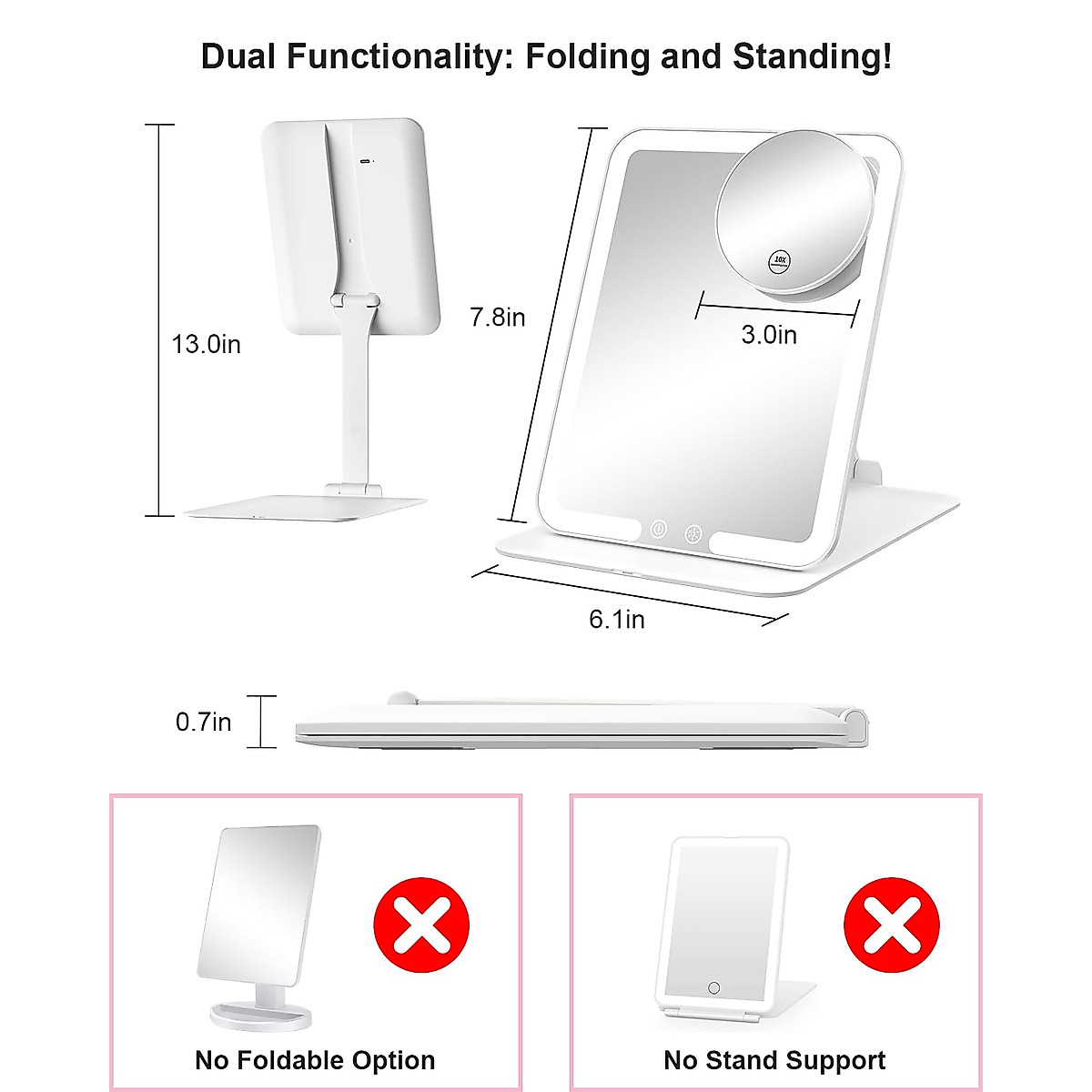 Gospire Travel Makeup Mirror with Lights and Magnification 10X, Portable Make Up Compact Tabletop with Adjustable Stand, 3 Colored Light Rechargeable Lighted LED Cosmetic Vanity- White