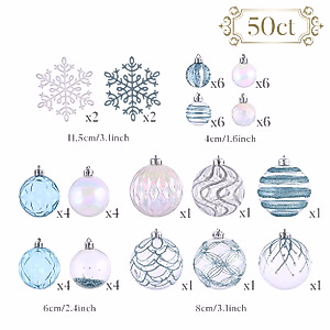 Valery Madelyn Christmas Ball Ornaments, 50ct Light Blue and Silver Shatterproof Christmas Tree Decorations Set, Coastal Ocean Hanging Ornaments for Xmas Trees Bulk Holiday Decor