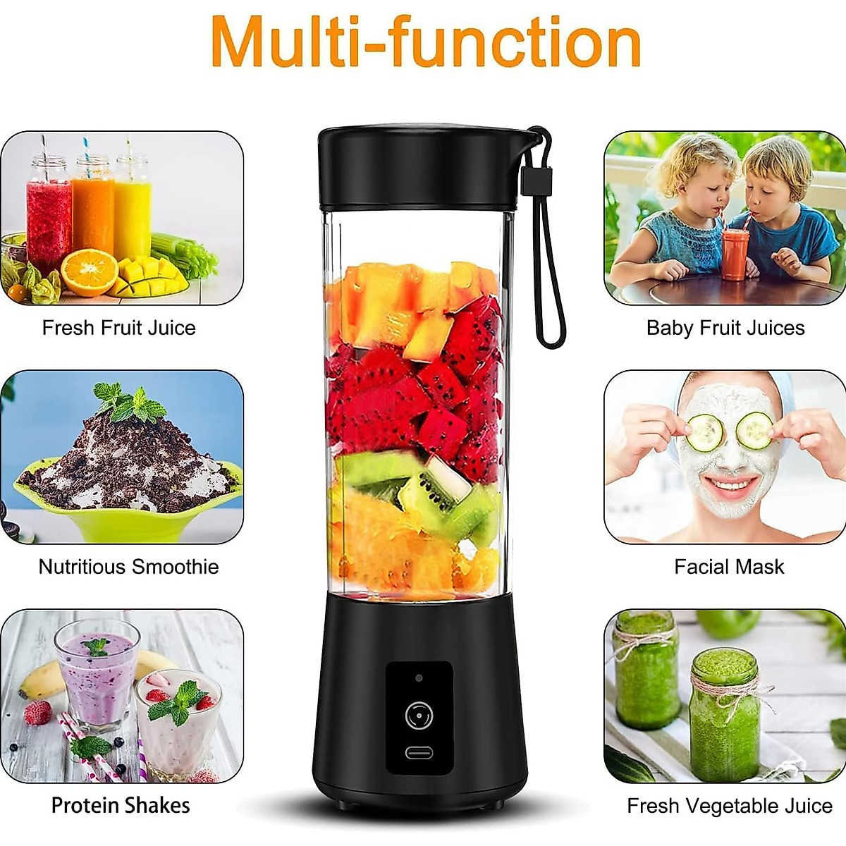 Portable Blender, Blender for Shakes and Smoothies, Personal Blender, Mini Shakes Juicer Cup 380ml USB Rechargeable with 6 Stainless Steel Blades for Kitchen,Sport and Travel, Black HSZZB X0316