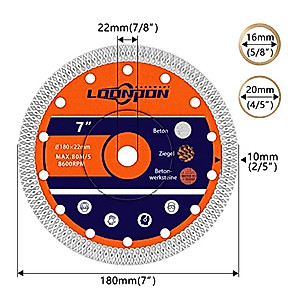 7 Inch Super Thin Diamond Tile Blade Porcelain Cutting Blade, Dry or Wet Cutting Ceramic Granite Marble