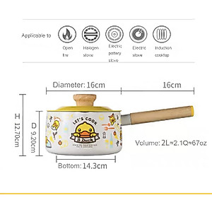 Cooker King x B. Duck 6 inch Milk Pot with Lid, Non-Stick Sauce Pan, Yellow Duck Pattern Small Cookware with Wood Handle-Yellow & White