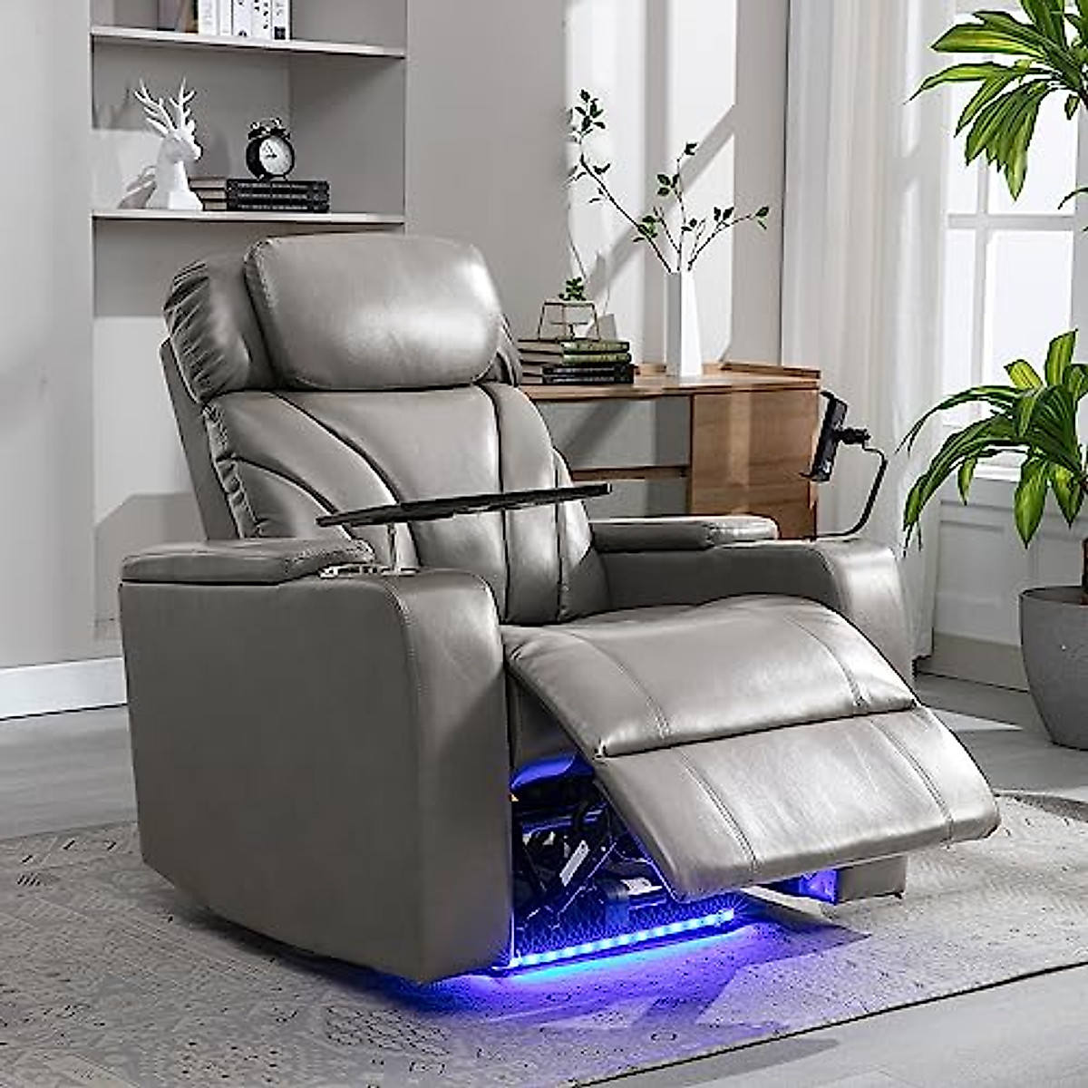P PURLOVE Power Motion Recliner Chair for Home, PU Electric Recliner with Swivel Tray Table USB Charging Port and Hidden Arm Storage, Home Theater Seating with Cup Holder Design, Gray