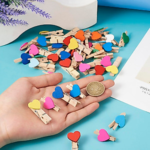 Pandahall 100Pcs Wooden Heart Clothespins Mini Photo Clips Photo Paper Pegs Clips Mixed Color Clothes Pins Holiday Card Holder Display with 10.9 Yards Jute Twine