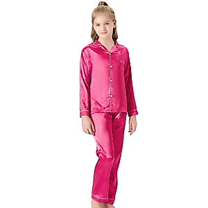 Topgal Cute Hot Pink Pajama Set for Girls – Satin Silky Long Sleeve & Pants Button Down PJ Set Size 10