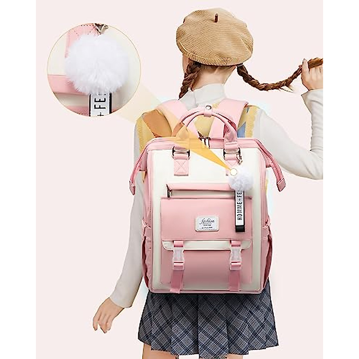 LOVEVOOK Laptop Backpack for Women,15.6 Inch College Backpack,Light Weight Travel Backpack Waterproof Casual Daypack Computer Backpack fits Travel Work Casual（15.6 inch,Pink&Beige）
