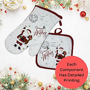 Elrene Home Fashions Santa Christmas Wishes Set of 2, 7"x13" (Oven Mitt) 8"x8" (Pot Holder), Multi