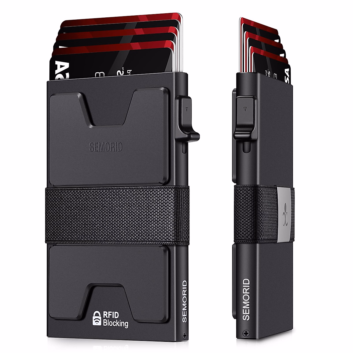 SEMORID Slim Aluminum Card Holder Wallet for Men, Durable Expandable Backplate, RFID Blocking Minimalist Metal Pop Up Wallet, Holds 12+ Cards Plus Cash (Black)