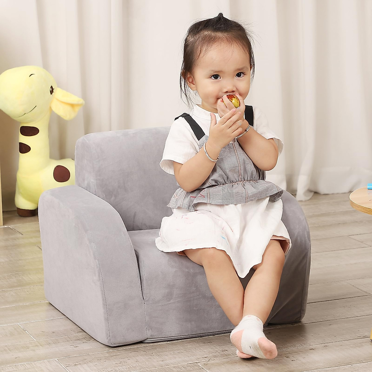 MOMCAYWEX Elephant Printed Kids Sofa, 3-in-1 Convertible Flip Open Toddler Couch, Comfy Lounger for Nap Play Sleep, Velvet Fabric, Grey