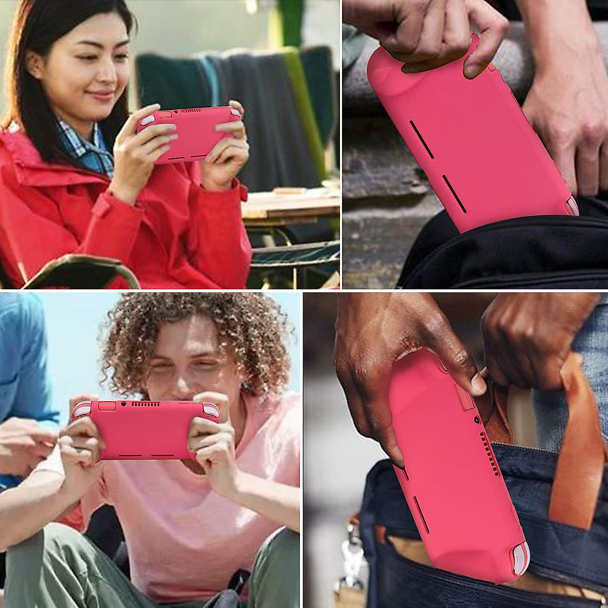 Silicone Protective Case for Nintendo Switch Lite, Soft Grip Case Cover with Comfort Ergonomic Handles for Nintendo Switch Lite 2019 [Self Stand][4 Thumb Stick Caps] (Silicone Grip-Pink)