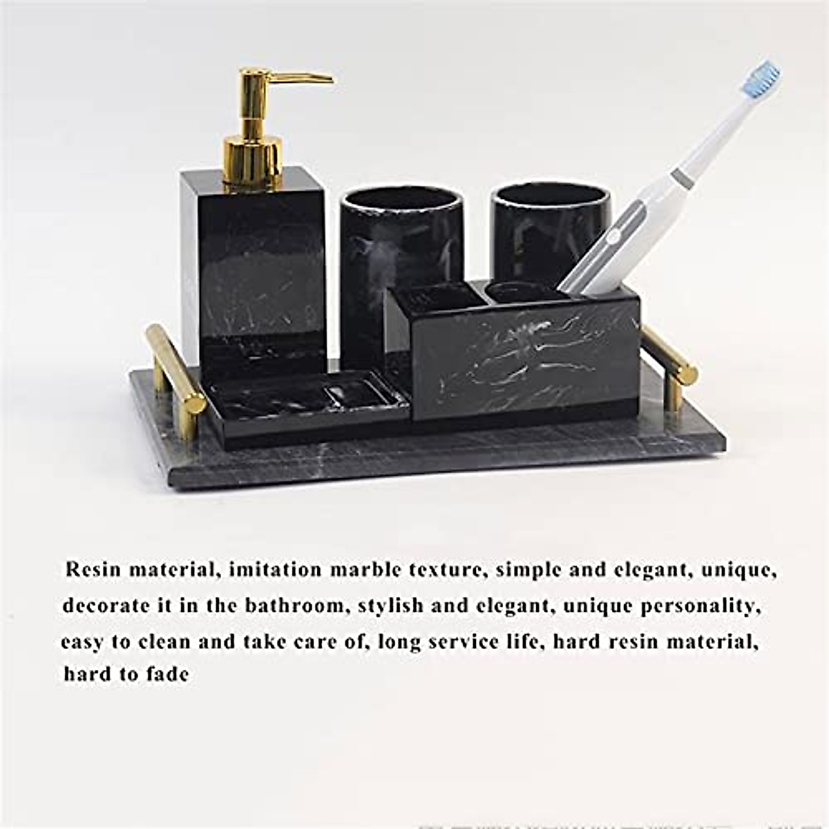 Liquid Hand Soap Dispenser for Bathroom Bathroom Accessories Set - 6Pcs Countertop Bath Set for Hotel Restroom Soap Dispense Toothbrush Holder Tumbler Soap Dish and Tray Resin Marble Black Premium Kit