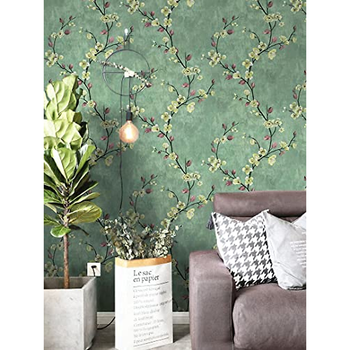 17.7'' x 118'' Floral Peel and Stick Wallpaper Green Flower Contact Paper Waterproof Removable Wallpaper Modern Wall Paper Decorative Self Adhesive Contact Paper for Walls