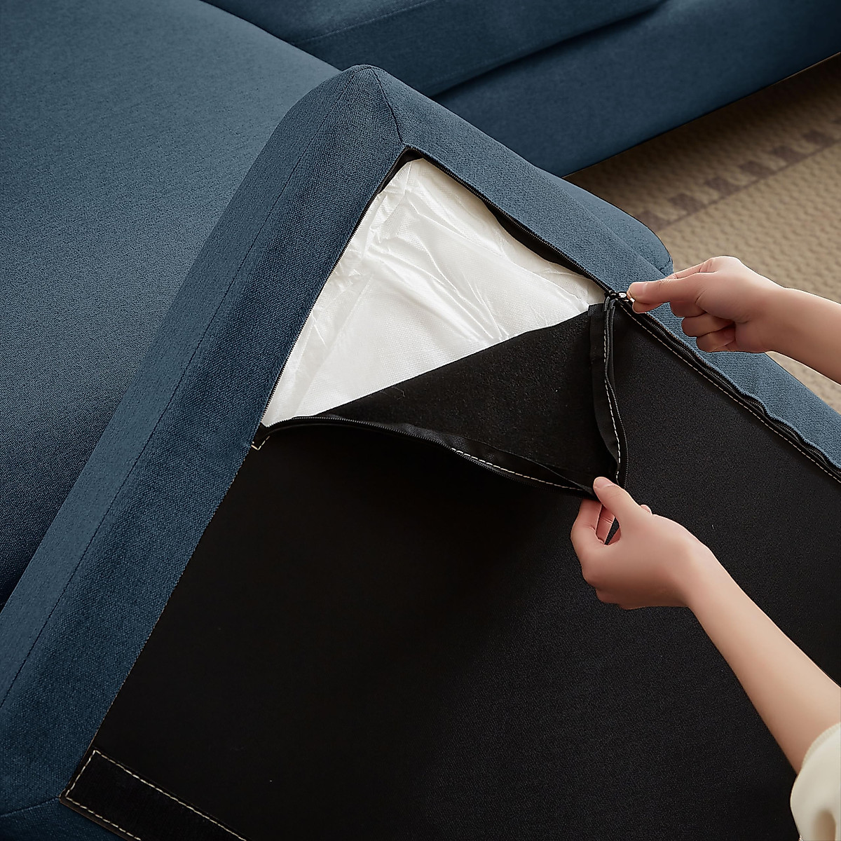 Pingliang Home Sectional Sofa Couch for Living Room, Convertible U Shape Sofas 4 Seat Modular Couches with Double Chaise and Portable Armrest, Modern Polyester Fiber, 111" (Blue)