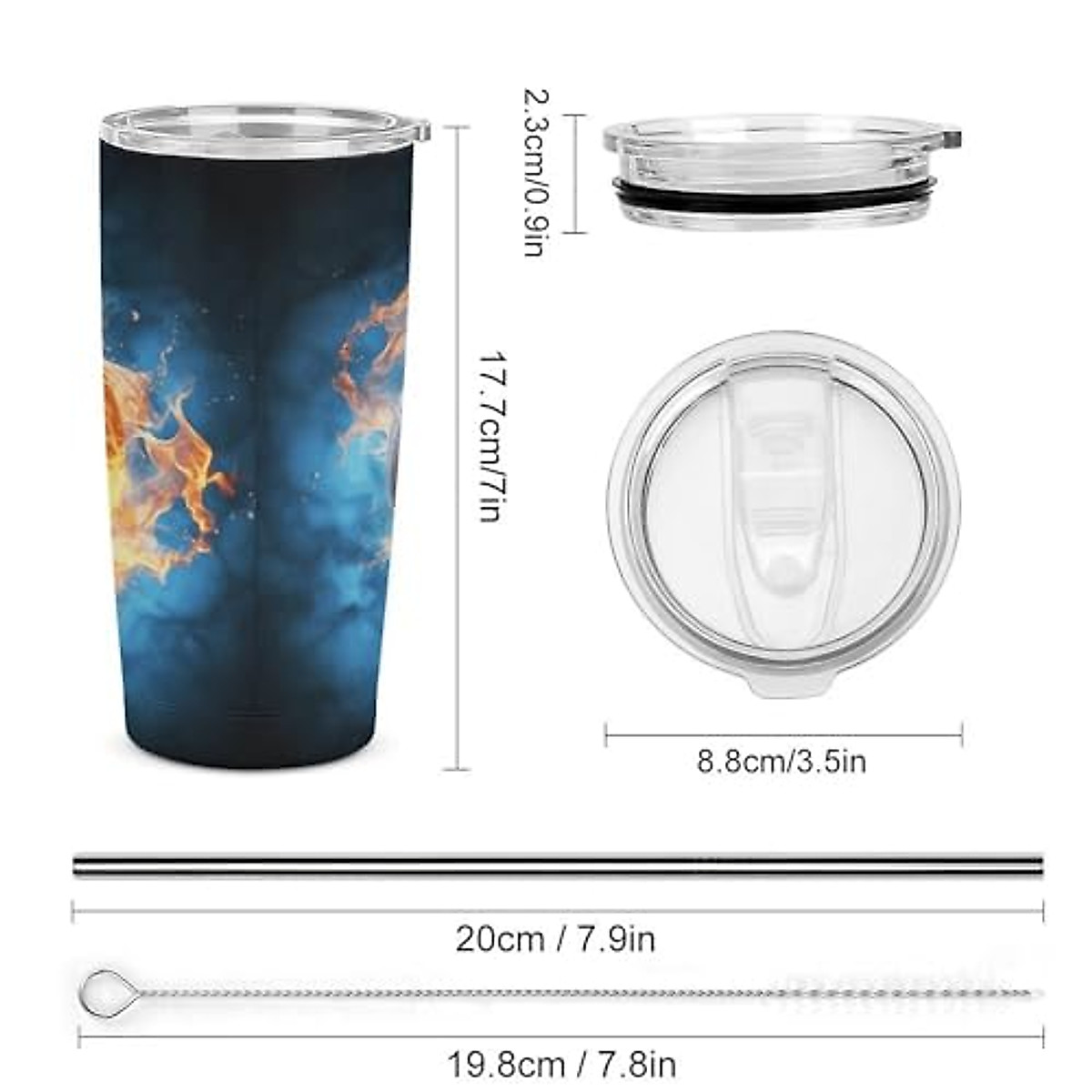 FHENMSA Stainless Steel Insulated Travel Coffee Mug,Ice And Fire Volleyball Print Reusable Car Cup,Thermal Cup for Outdoor with Straw And Lid