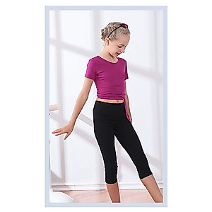 Girls Ballet Leotard Dance Outfits with Short Sleeves Top and Capri Leggings Kids Gymnastics Clothes Set Fuchsia