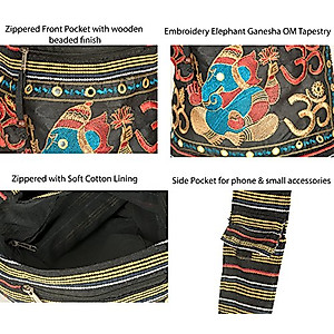 Women Hobo OM Black Cross Body Shoulder Bag Elephant Embroidered School Everyday Shopping Casual Lightweight