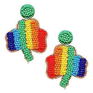 St. Patrick's Day Earrings Beaded Earrings for Women Girls Lucky Irish Shamrock Earrings Green Leaf Hat Clover Beer Dangling Earrings Irish Holiday Gift (Rainbow Shamrock)